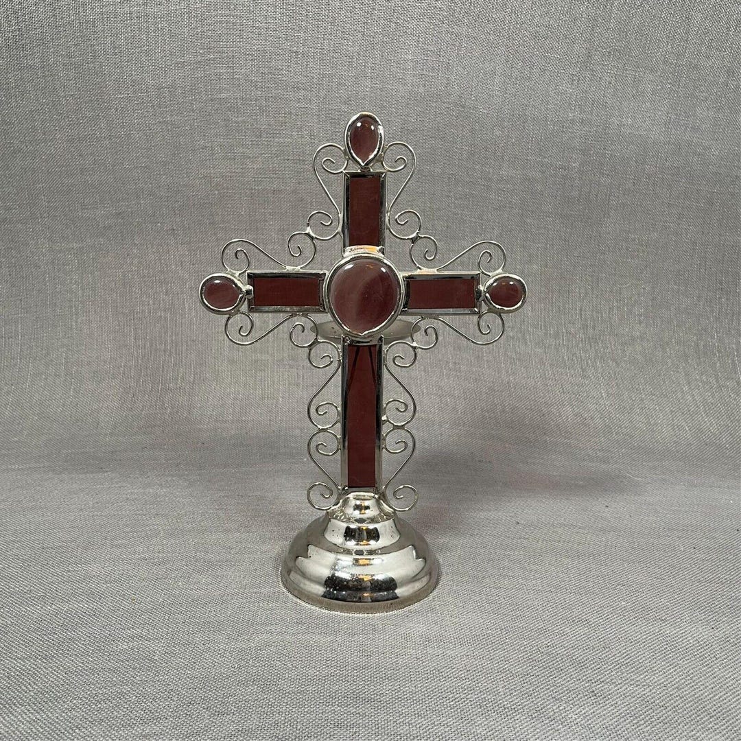 Vtg Dark Red Glass CROSS Tealight CANDLEHOLDER Viva Handcrafted in ...