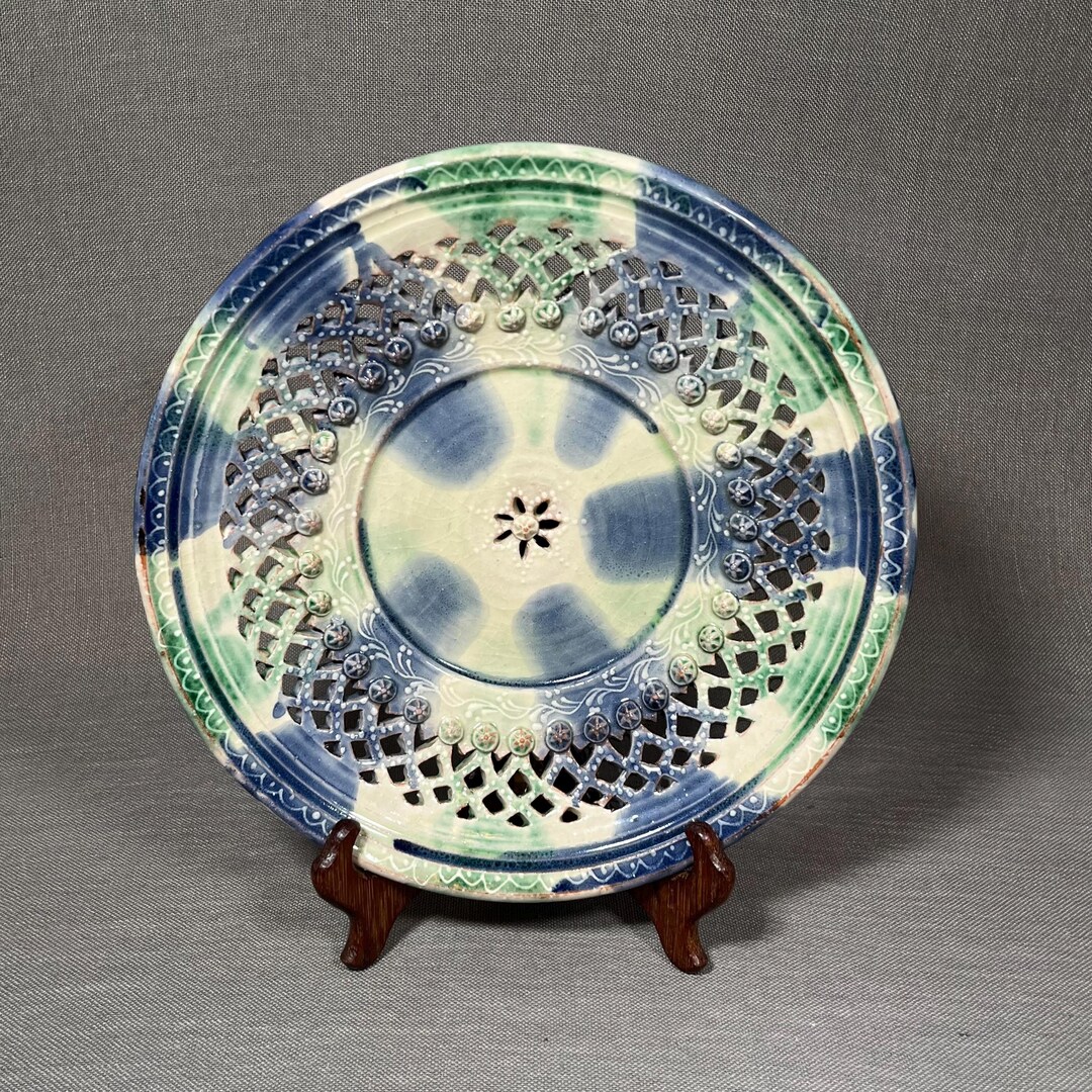 Reticulated Pottery Plate Hand-made Signed Artisan Crafted Blue Green ...