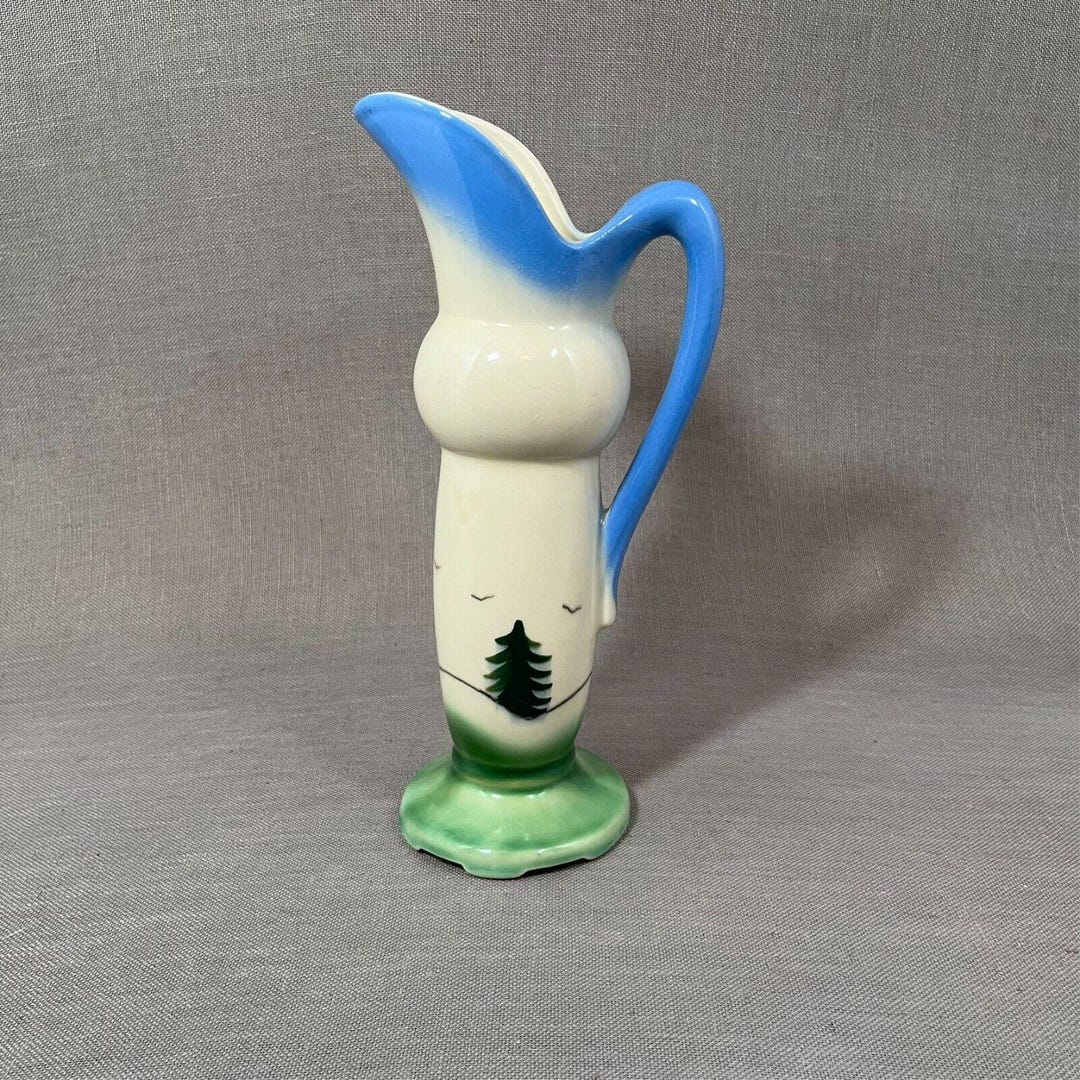 Vintage Ceramic Pitcher Vase Decorated With Trees and Birds in Blue and ...