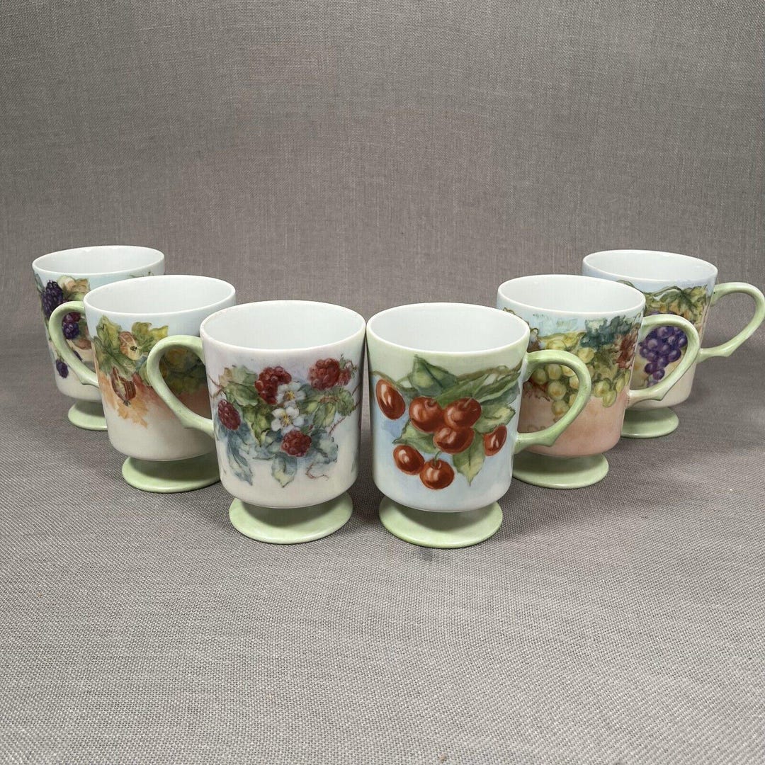 VTG Hand Painted Porcelain Footed Mugs Teacups Fruits & Berries Signed ...