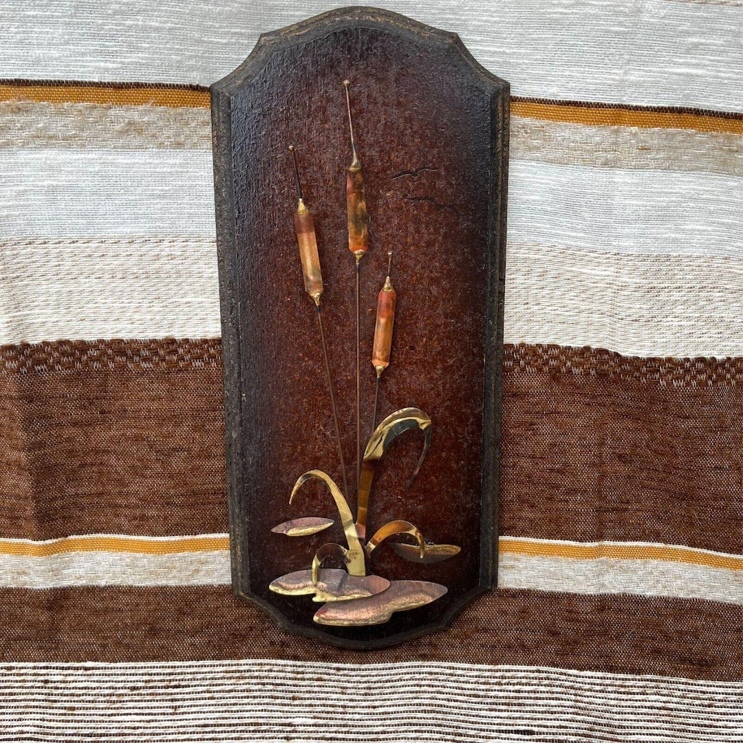 Metal Mid-century Wall Art Plaque Copper and Brass Cattail on Wood - Etsy