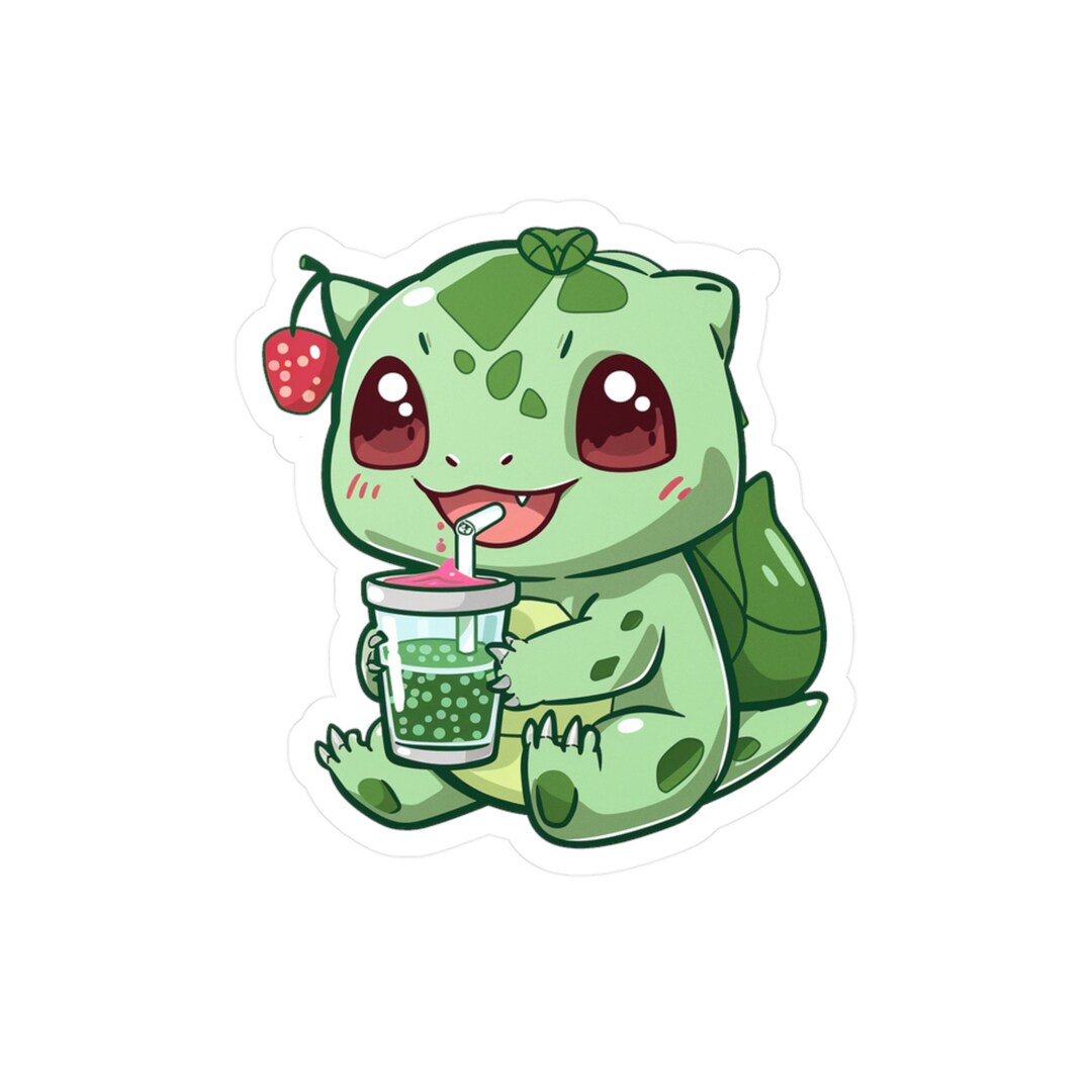 Bulbasaur Drinking Matcha Boba Cute Vinyl Sticker for Laptop, Water ...