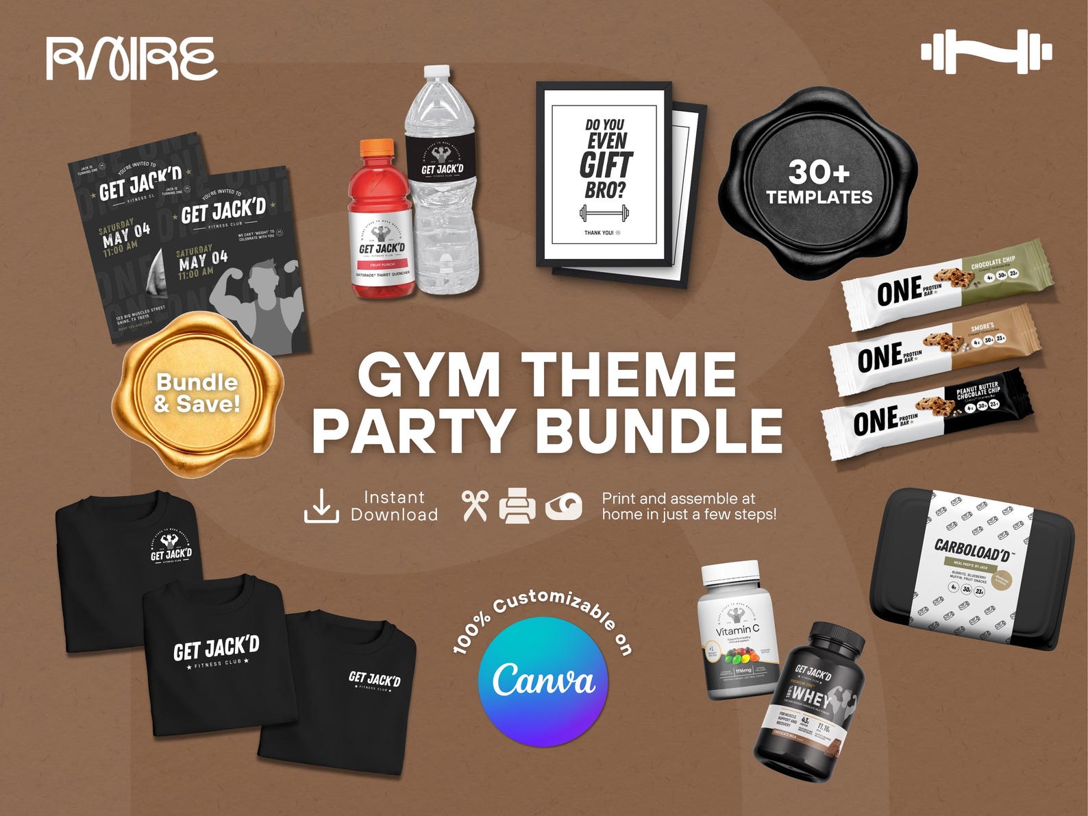 Gym Party Template Bundle – Fitness Birthday, Favor Labels (digital ...