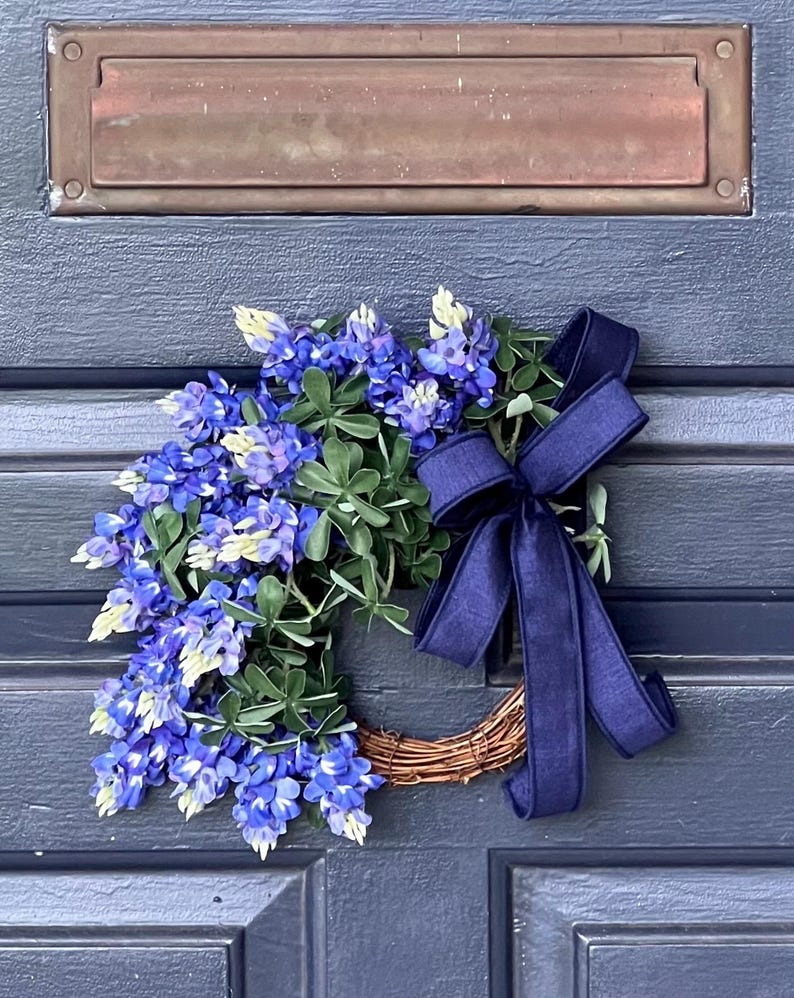Bluebonnet Mini Wreath: Texas Home Decor With Navy Ribbon - Etsy