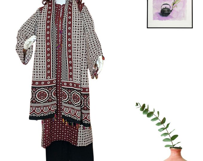 Pure Cotton Sindhi Ajrak Panelled Kurta With Dupatta Stitched 2PC ...