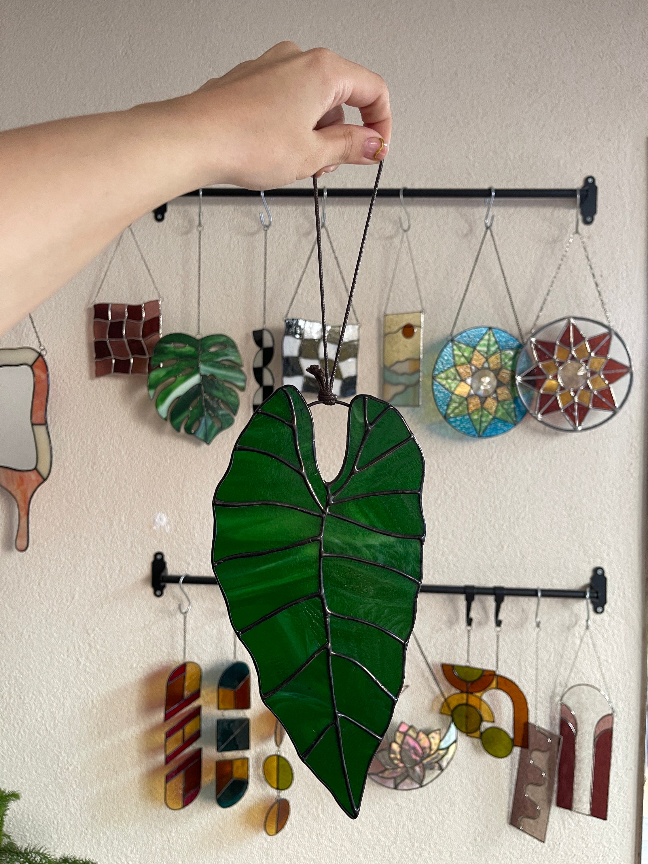 Leaf Shaped Green Stained Glass Suncatcher, Handmade Opaque Glass Leaf ...