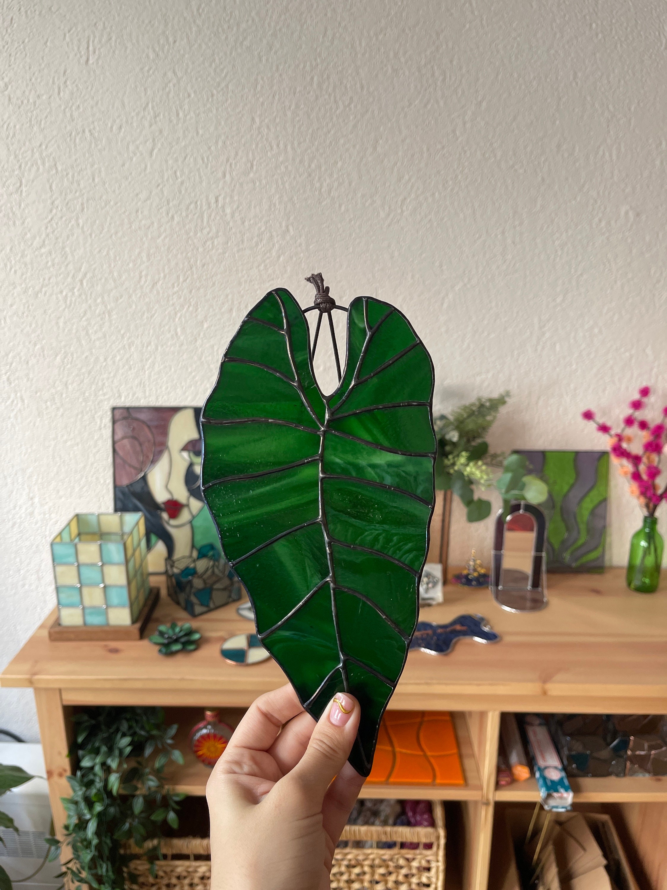 Leaf Shaped Green Stained Glass Suncatcher, Handmade Opaque Glass Leaf ...