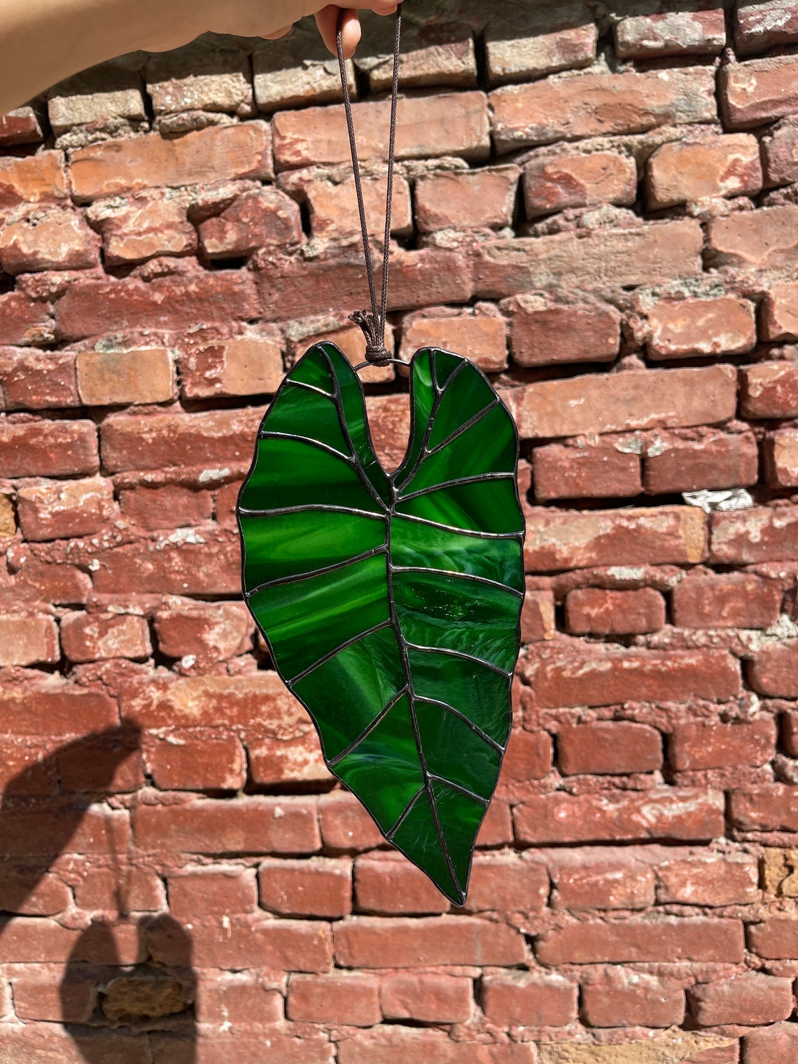 Leaf Shaped Green Stained Glass Suncatcher, Handmade Opaque Glass Leaf ...