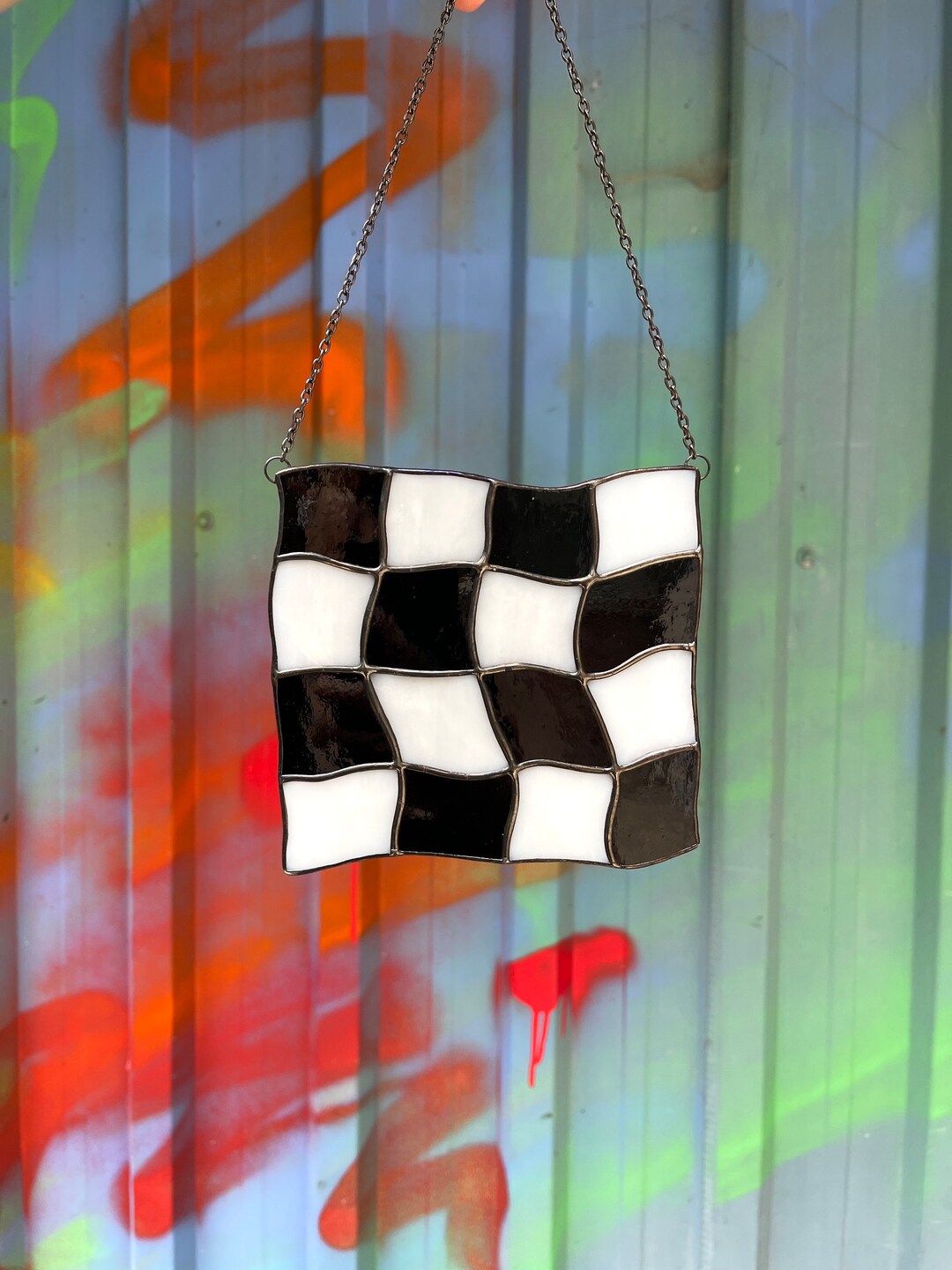 Checkered Pattern Stained Glass, Black and White Checkered Glass Art ...