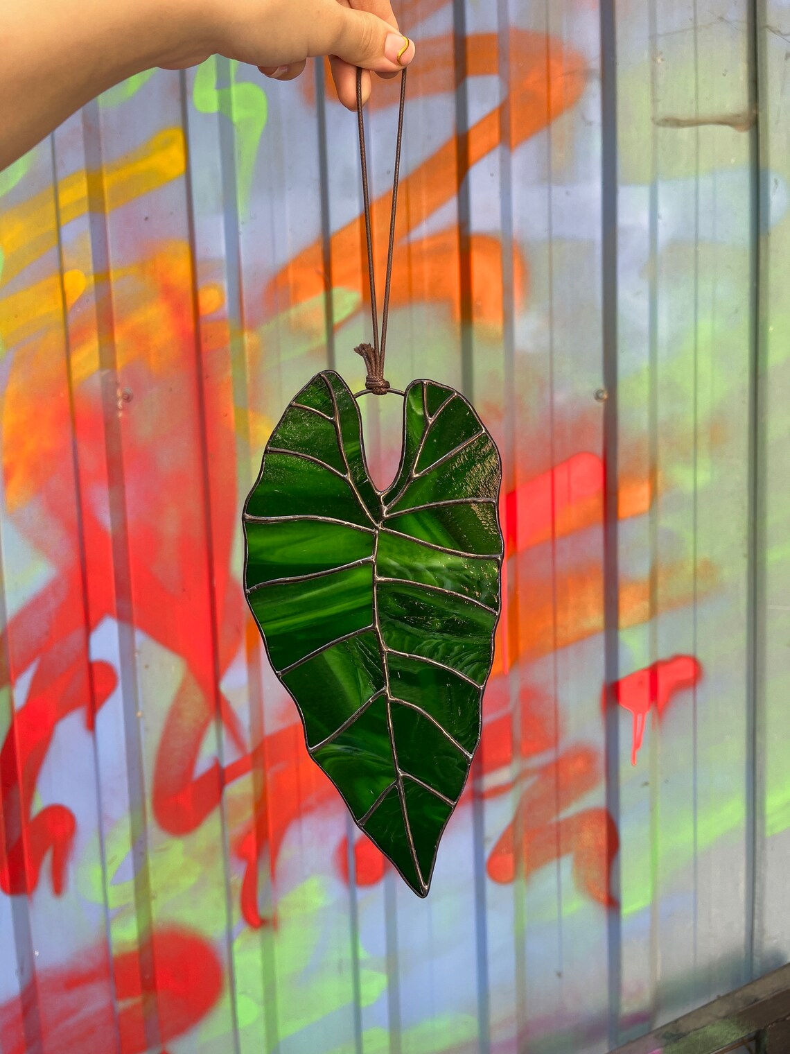 Leaf Shaped Green Stained Glass Suncatcher, Handmade Opaque Glass Leaf ...