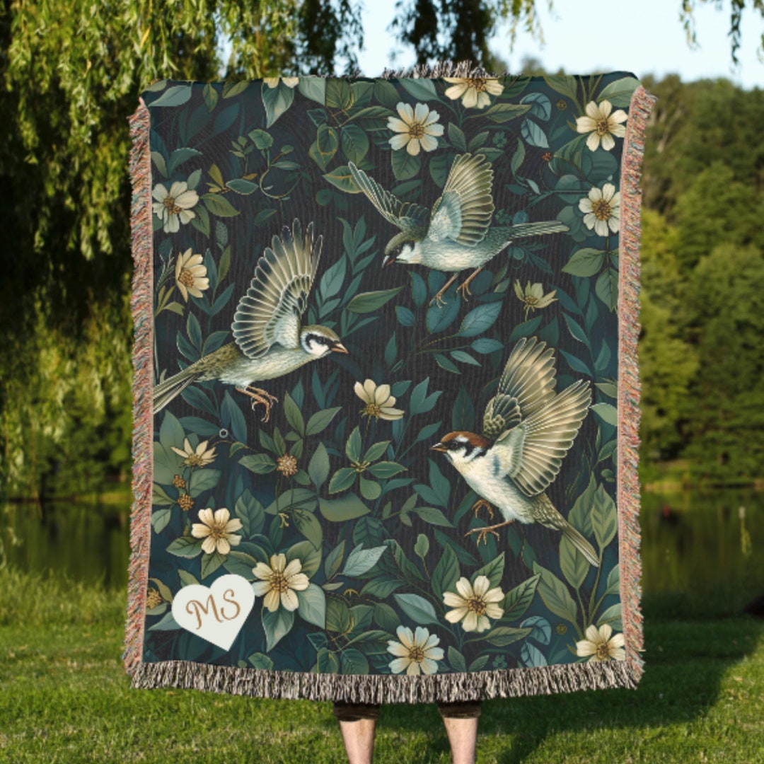 Woodland Blanket Dark Cottagecore Bird Blanket Bird Tapestry Monogram ...