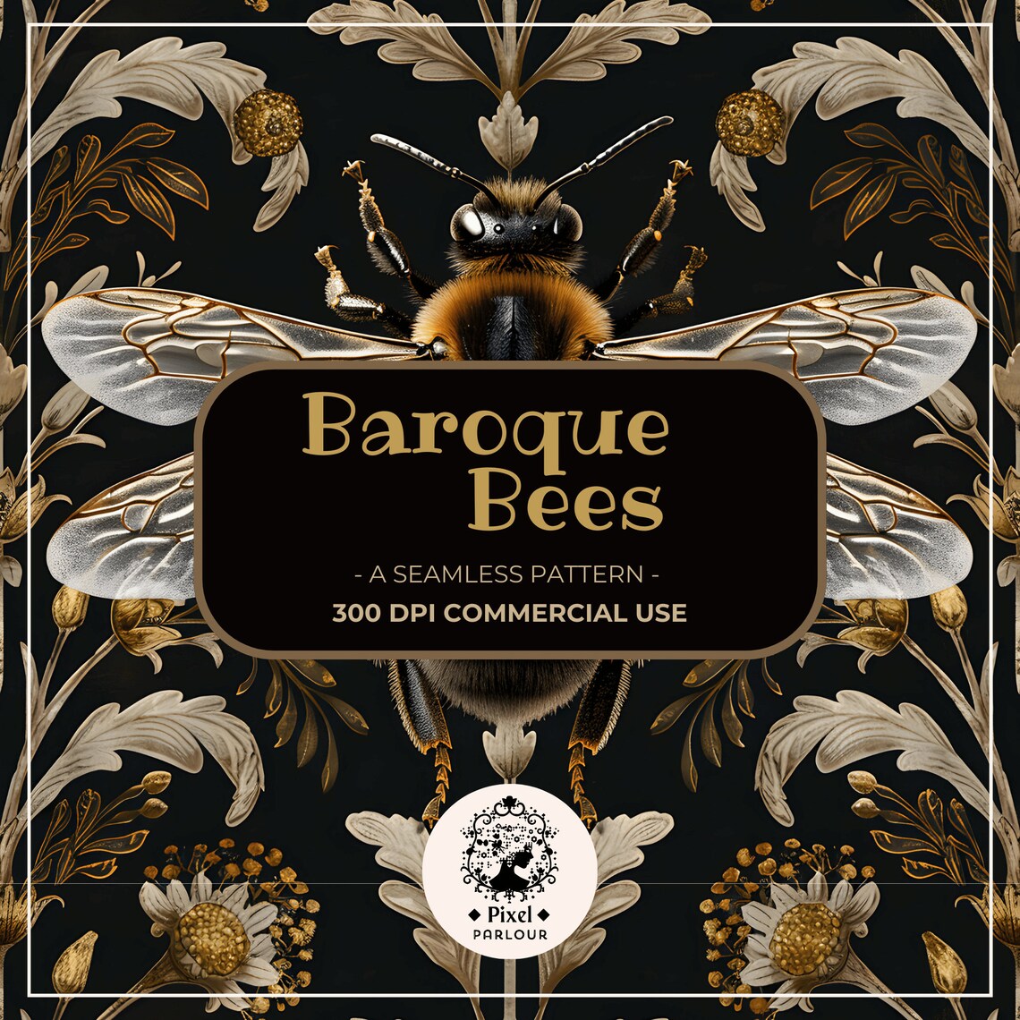 Bee Seamless Pattern Bee Wallpaper Baroque Bees Botanical Print Night ...