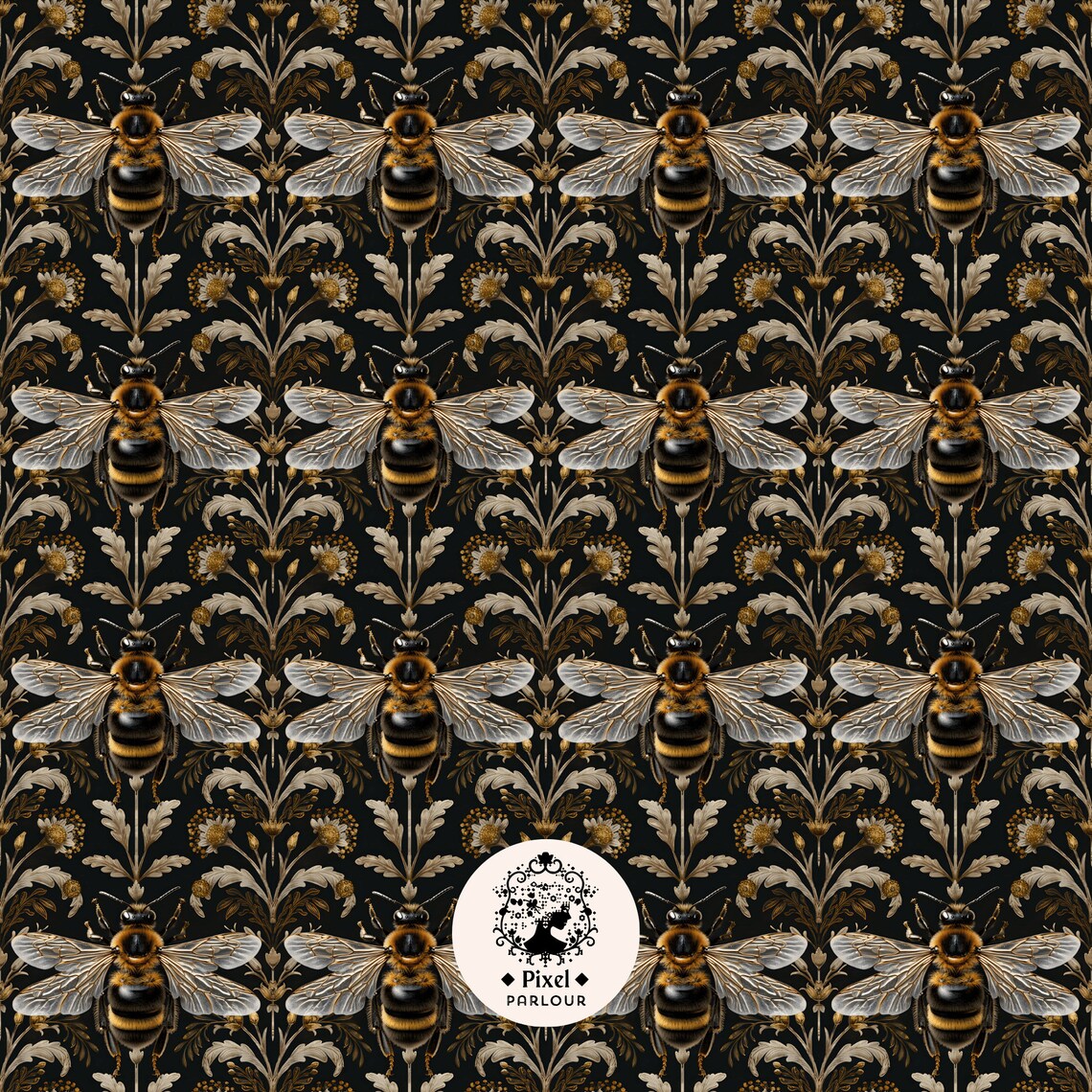 Bee Seamless Pattern Bee Wallpaper Baroque Bees Botanical Print Night ...