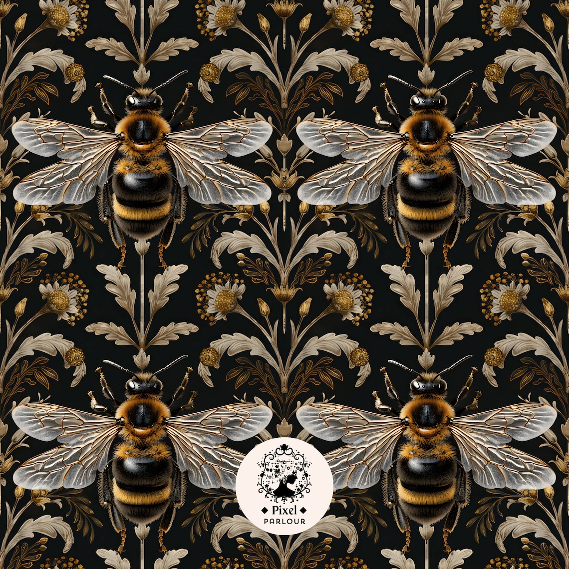Bee Seamless Pattern Bee Wallpaper Baroque Bees Botanical Print Night ...