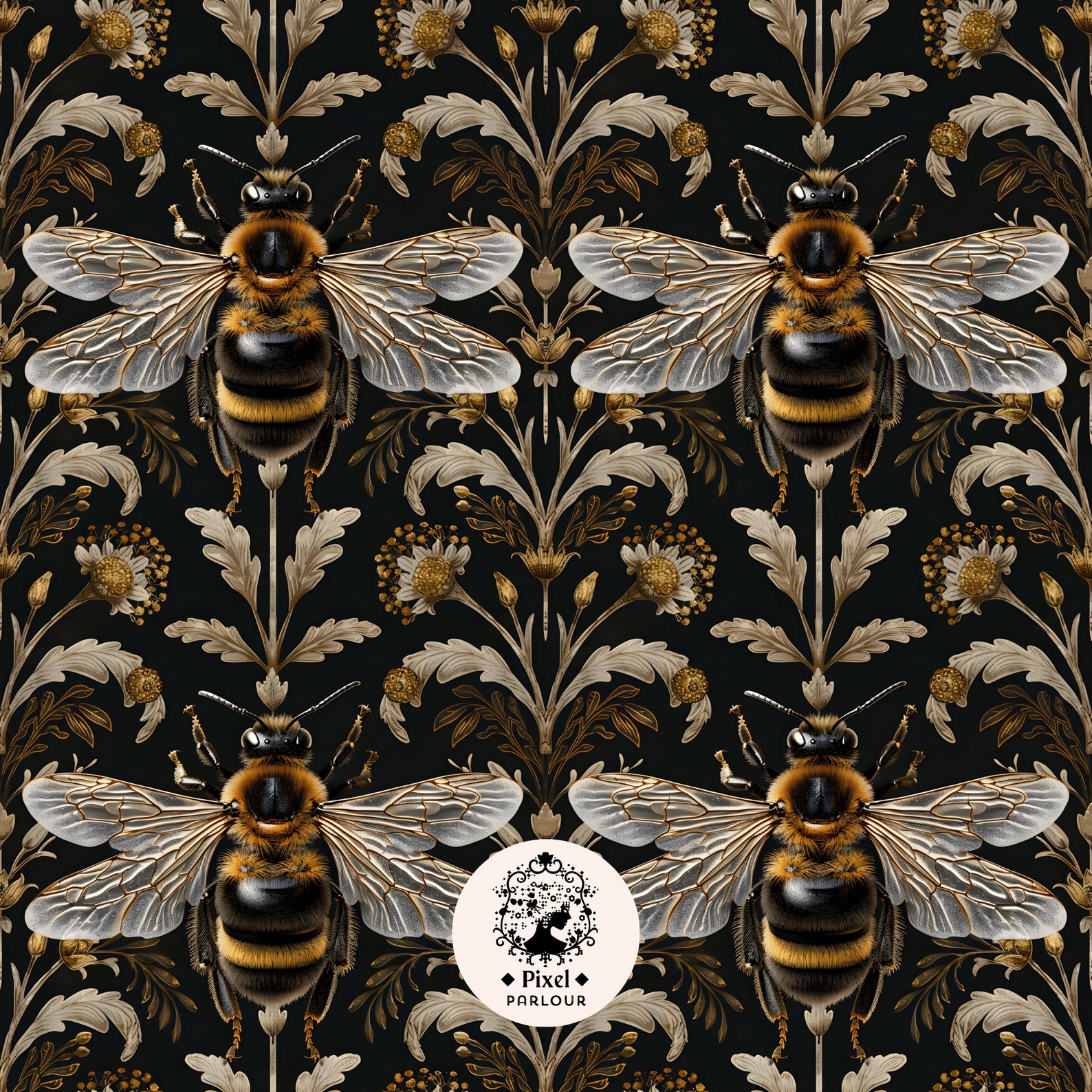 Bee Seamless Pattern Bee Wallpaper Baroque Bees Botanical Print Night ...