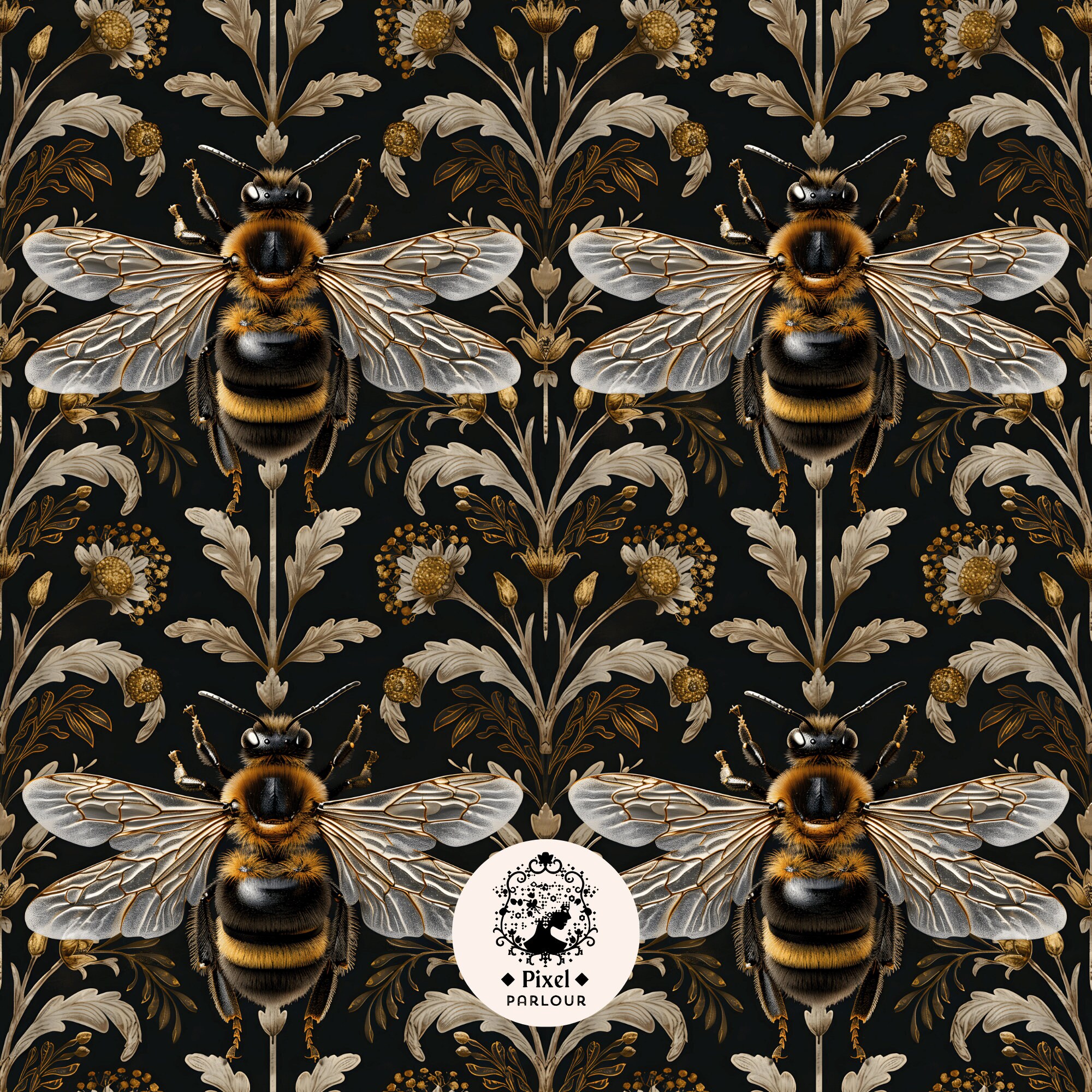 Bee Seamless Pattern Bee Wallpaper Baroque Bees Botanical Print Night ...