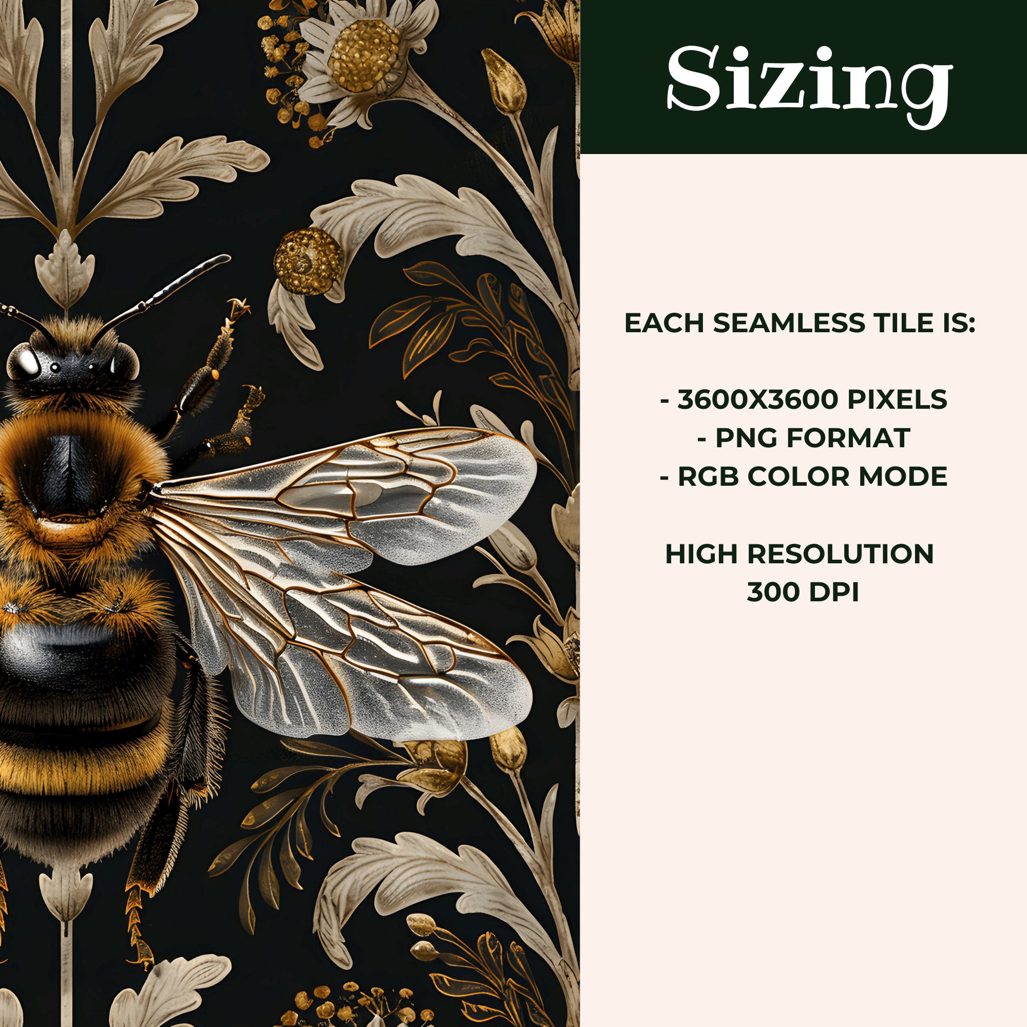 Bee Seamless Pattern Bee Wallpaper Baroque Bees Botanical Print Night ...