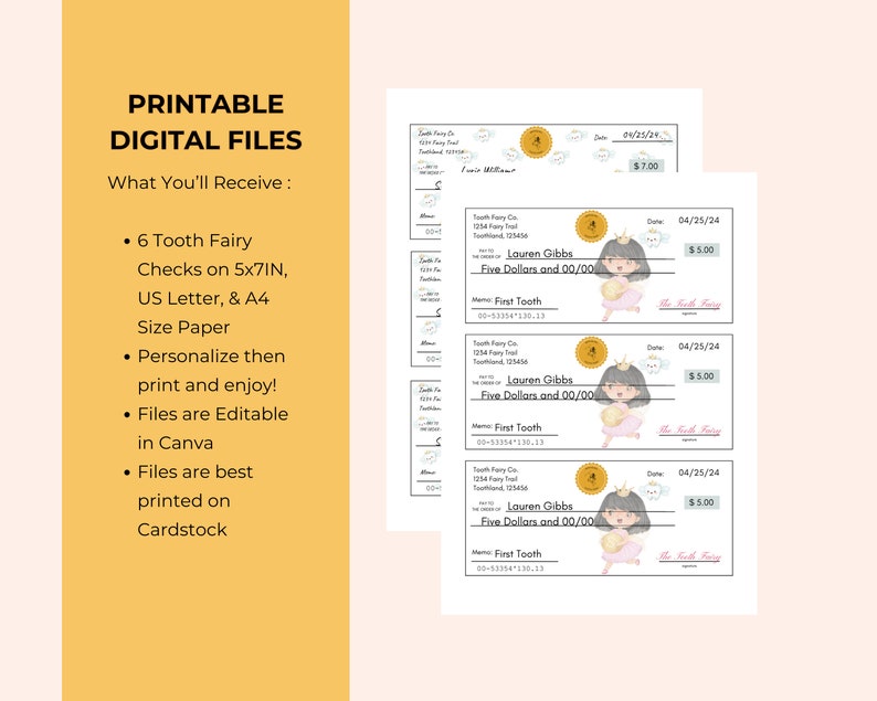 Editable Tooth Fairy Check | Money Voucher, Lost Tooth Note (digital ...