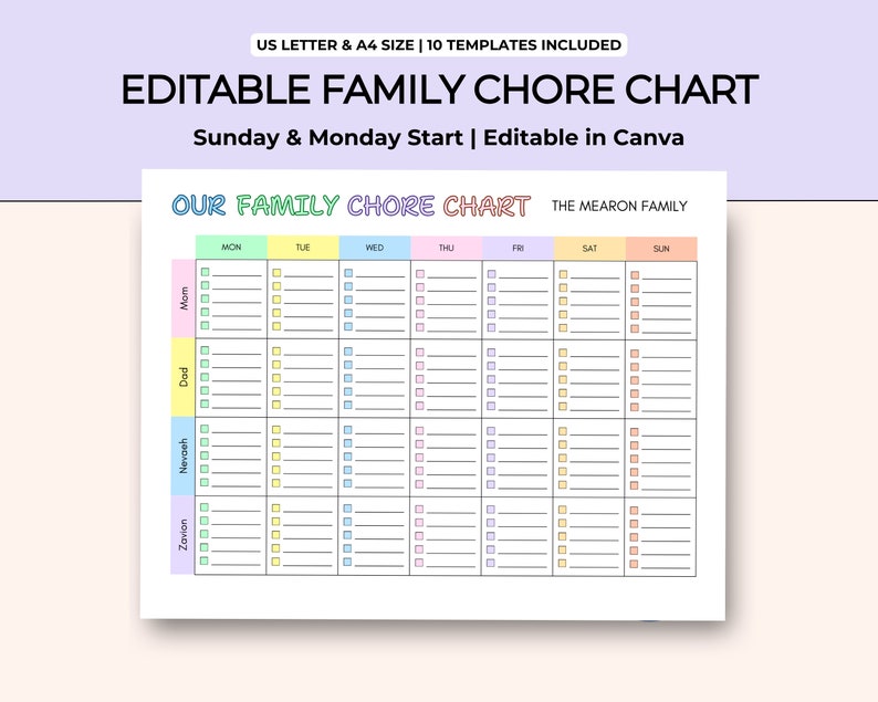 Family Chore Chart Editable | Weekly House Cleaning Schedule | Family ...
