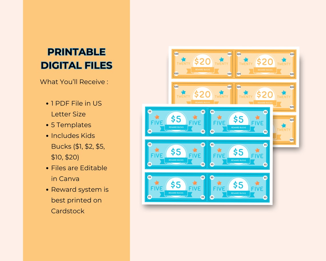 Editable Reward Bucks Printable Play Money Chore Bucks Kids Reward ...