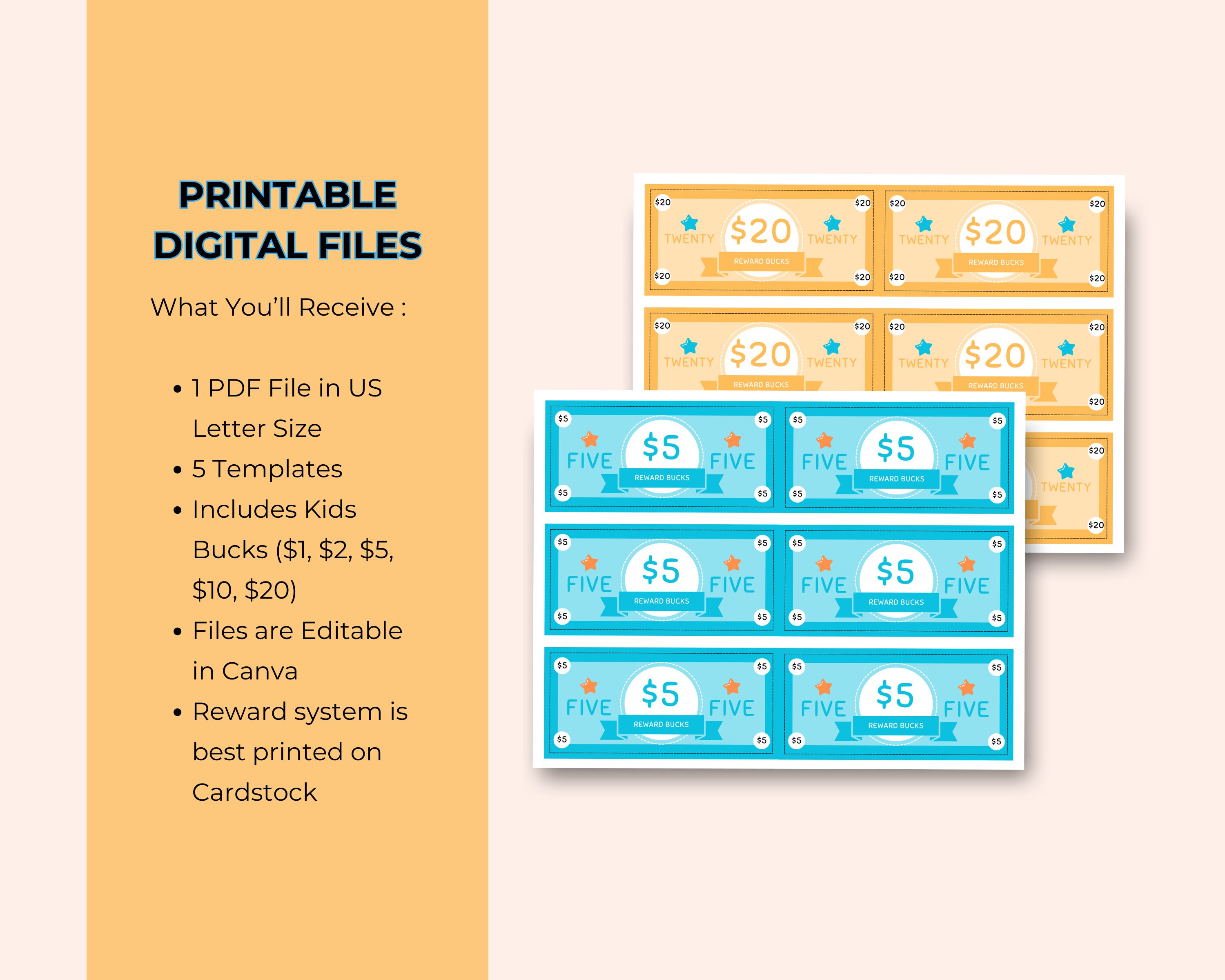 Editable Reward Bucks | Printable Play Money | Chore Bucks | Kids ...