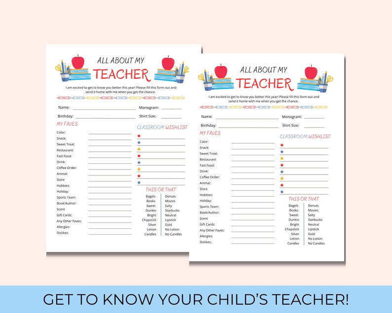All About My Teacher, Teacher Favorite Things, Teacher Questionnaire ...