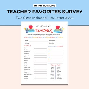 All About My Teacher, Teacher Favorite Things, Teacher Questionnaire ...