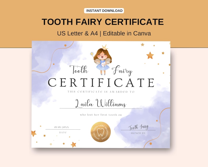 Tooth Fairy Certificate, Tooth Fairy Printable, First Tooth Certificate ...