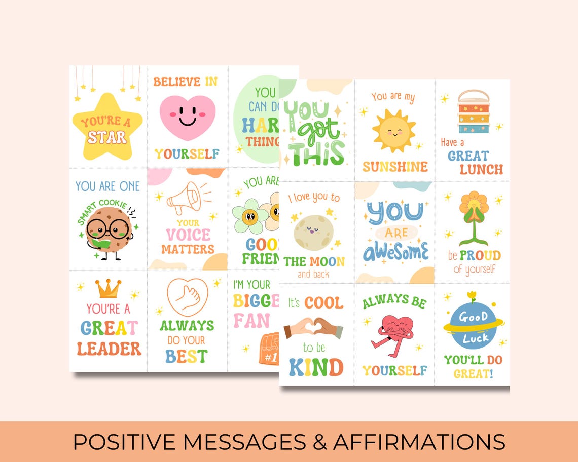 Kids Lunchbox Notes, Printable Encouragement Cards (36 US Letter PDF ...