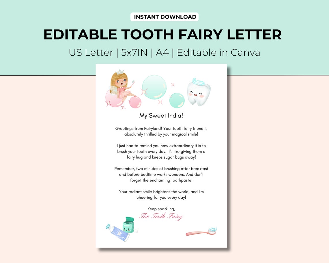 Editable Tooth Fairy Letter Tooth Fairy Printable Tooth Fairy Note ...