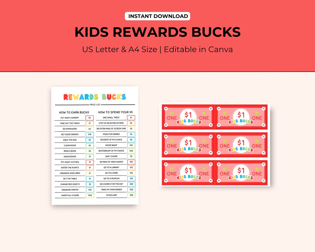 Boys Reward Chart | Kids Reward Bucks | Chore Bucks | Reward System for ...