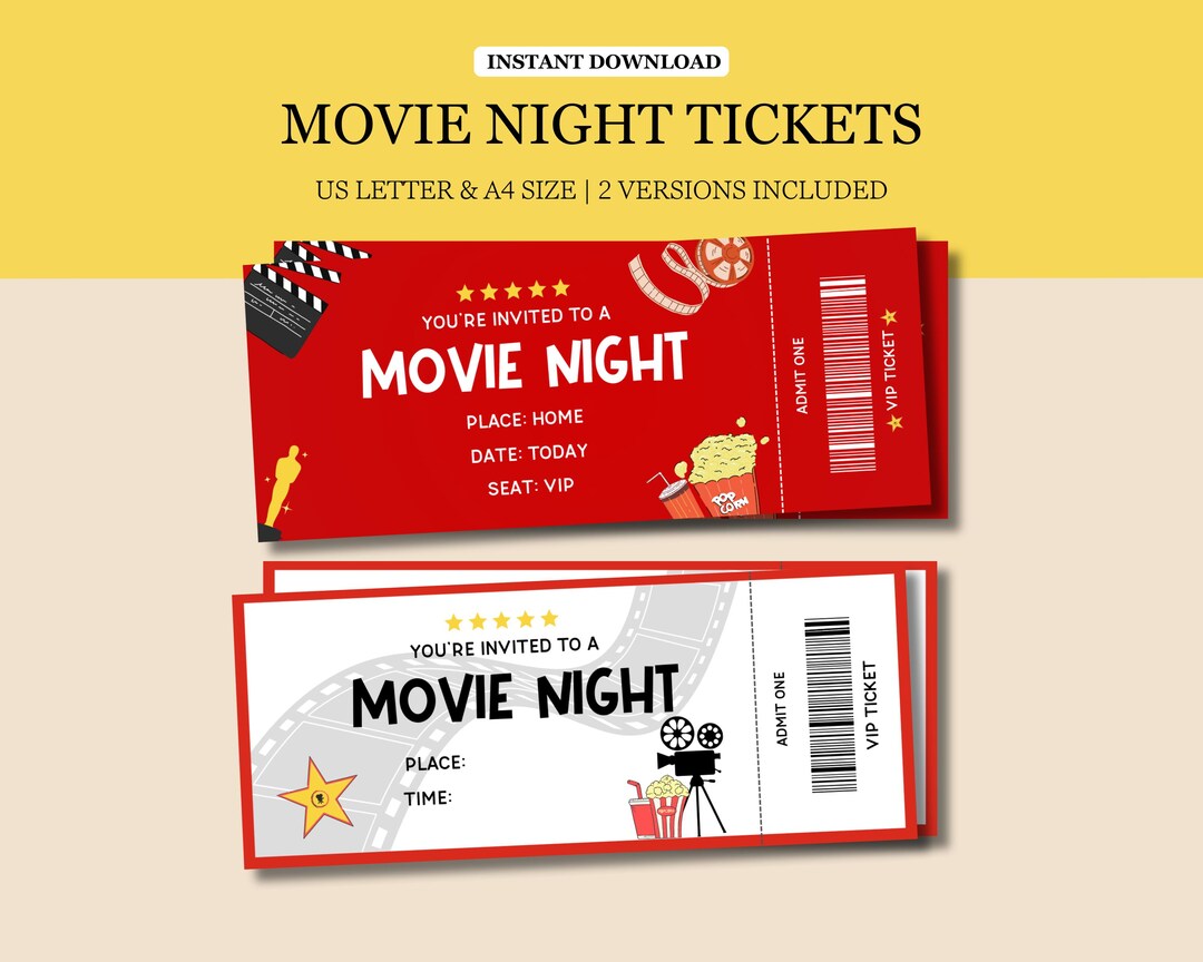 Movie Night Ticket, Movie Ticket, Movie Night Party, Movie Invitation ...