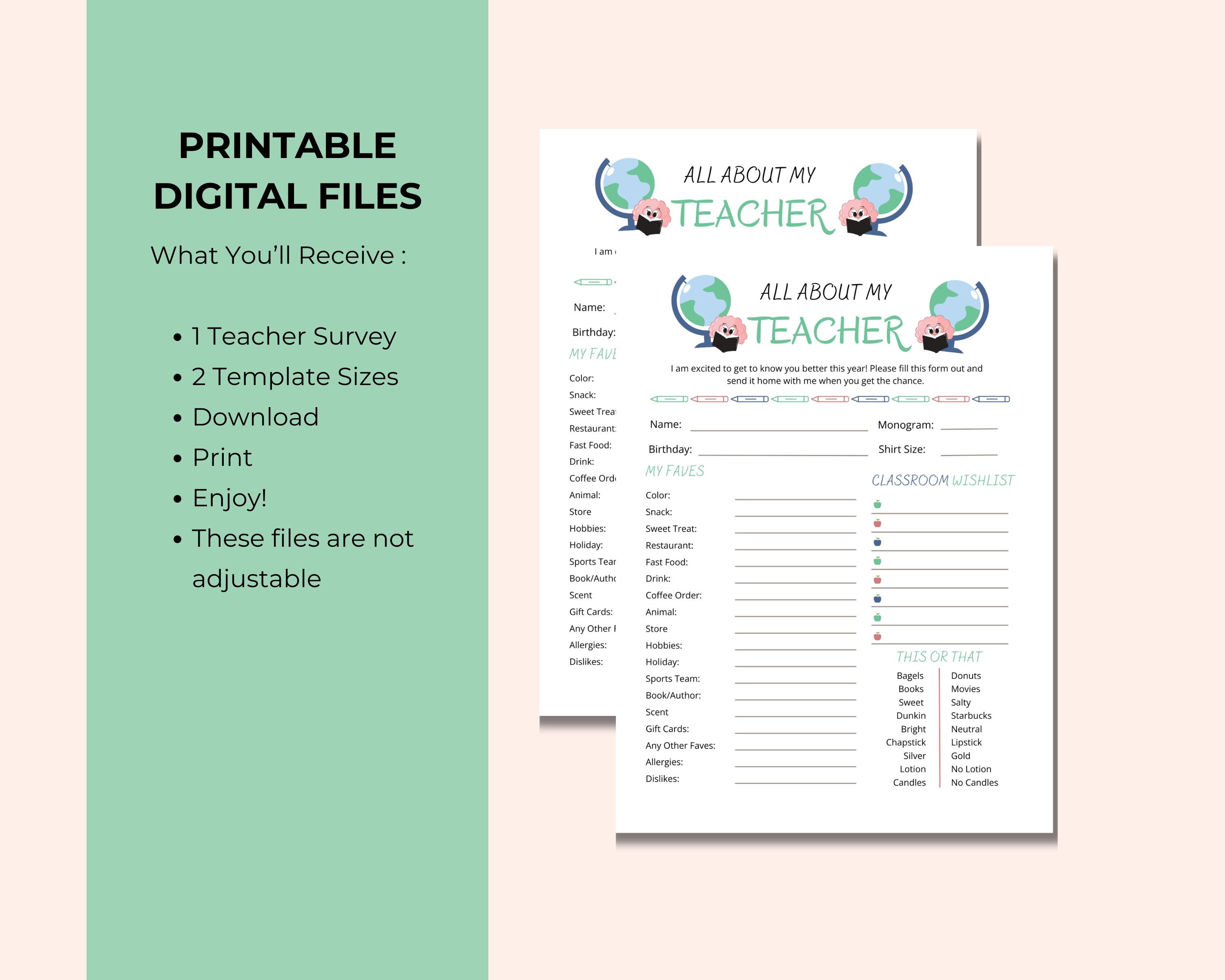 All About My Teacher Printable, Teacher Favorites Survey, Teacher ...