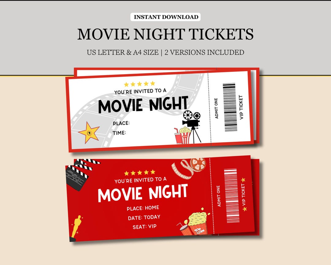 Movie Night Ticket Template, Home Movie Birthday Party (digital ...
