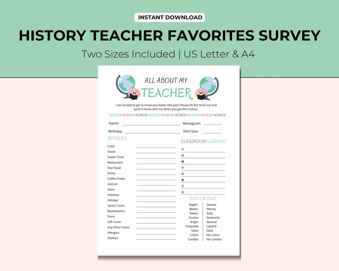 All About My Teacher Printable, Teacher Favorites Survey, Teacher ...