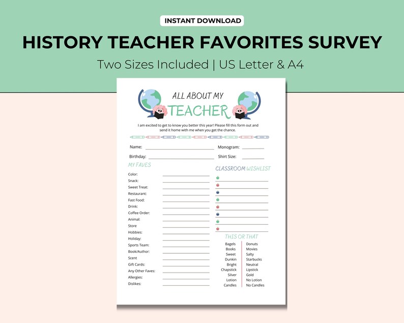 All About My Teacher Printable, Teacher Favorites Survey, Teacher ...