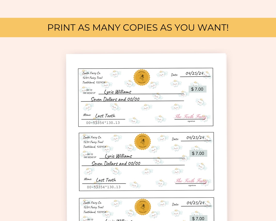 Editable Tooth Fairy Check | Money Voucher, Lost Tooth Note (digital ...