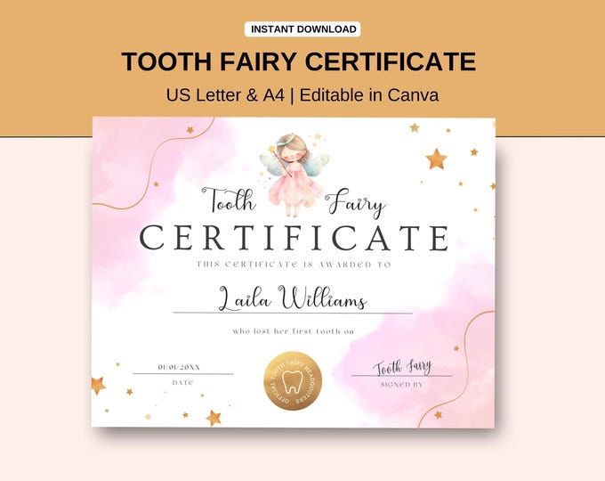 Tooth Fairy Certificate for Losing First Baby Tooth - Etsy Australia