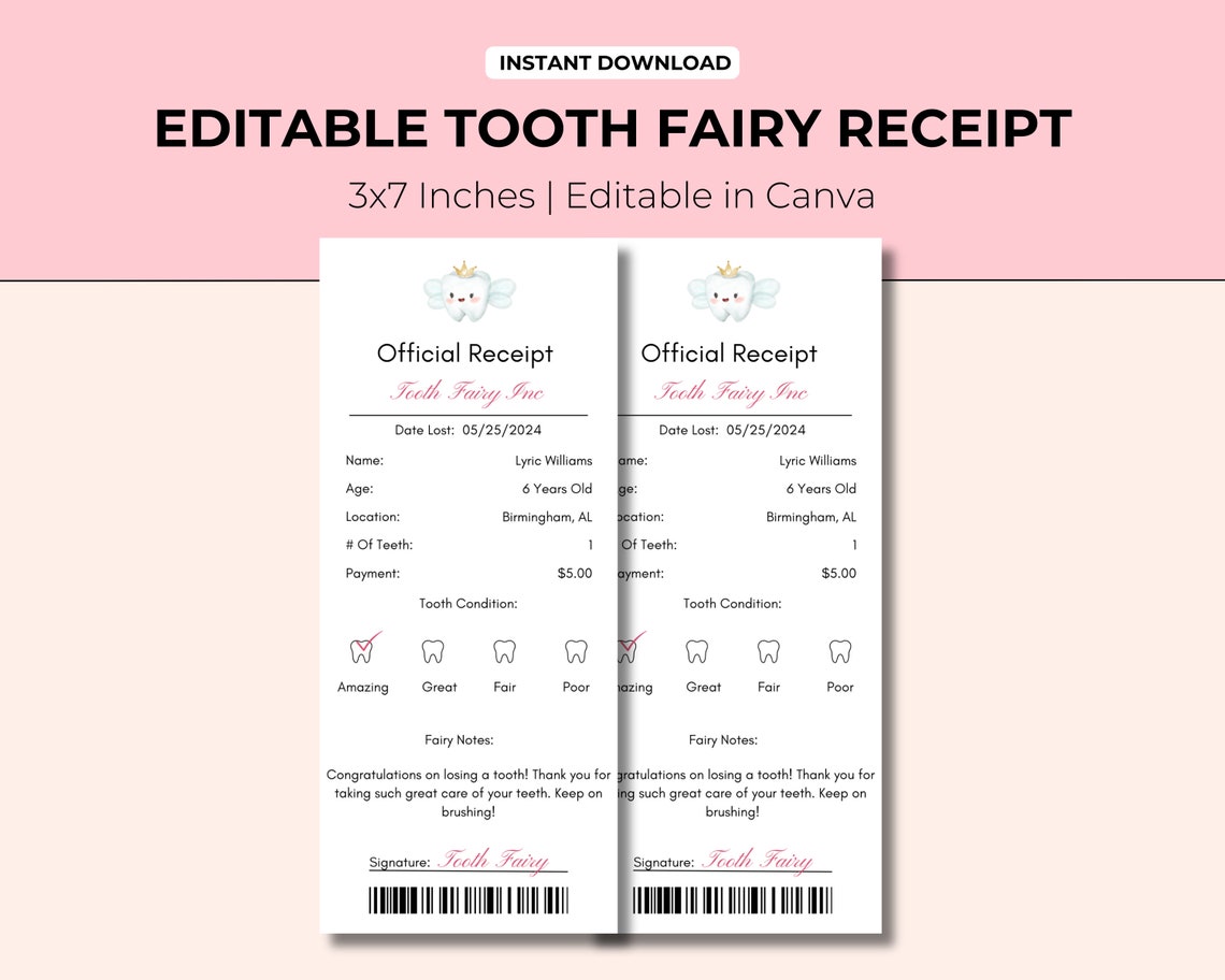 Tooth Fairy Receipts Editable Tooth Fairy Letter First Lost Tooth Last ...