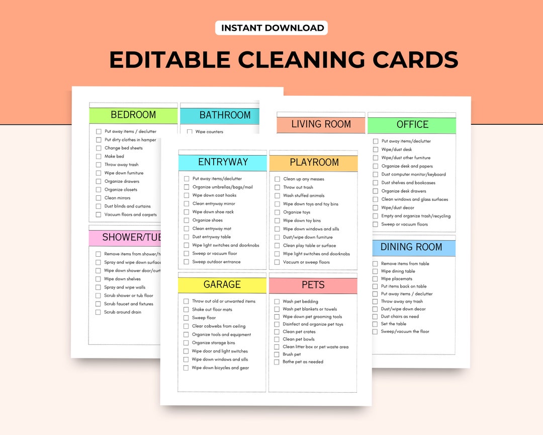 Editable Cleaning Checklist Cards | Chore Chart (PDF) - Etsy