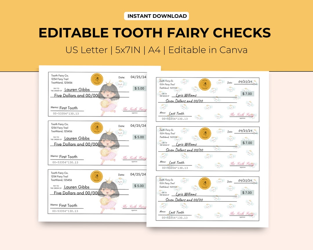 Tooth Fairy Check | Tooth Fairy Money Printable | Tooth Fairy Voucher ...