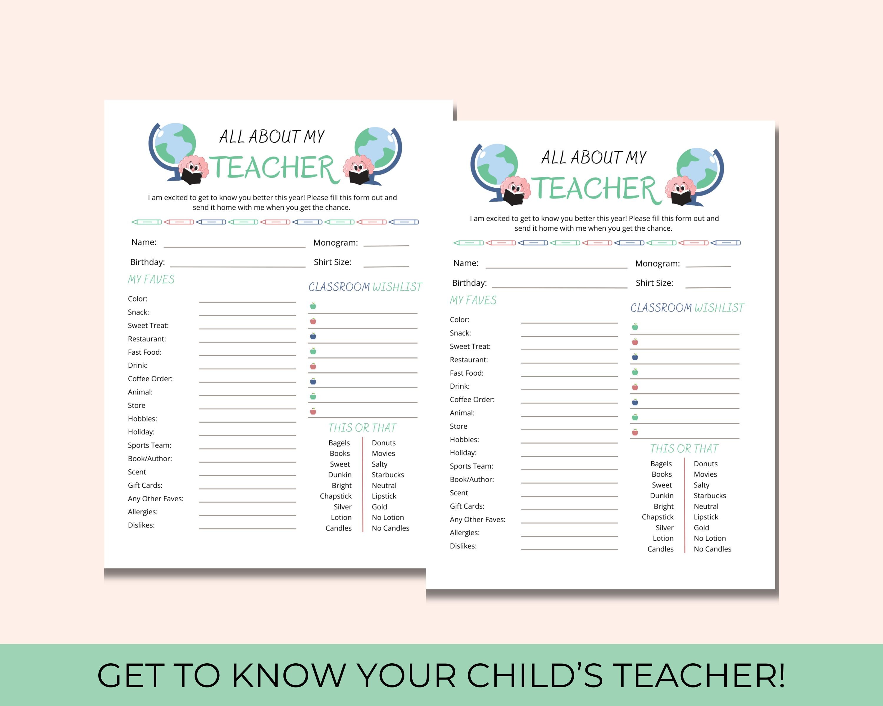 All About My Teacher Printable, Teacher Favorites Survey, Teacher ...