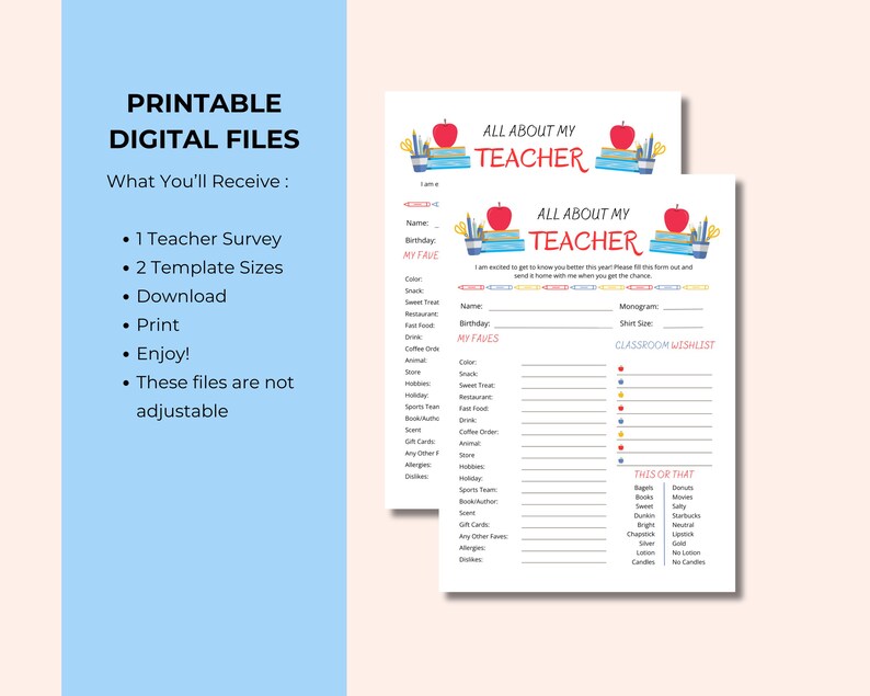 All About My Teacher, Teacher Favorite Things, Teacher Questionnaire ...