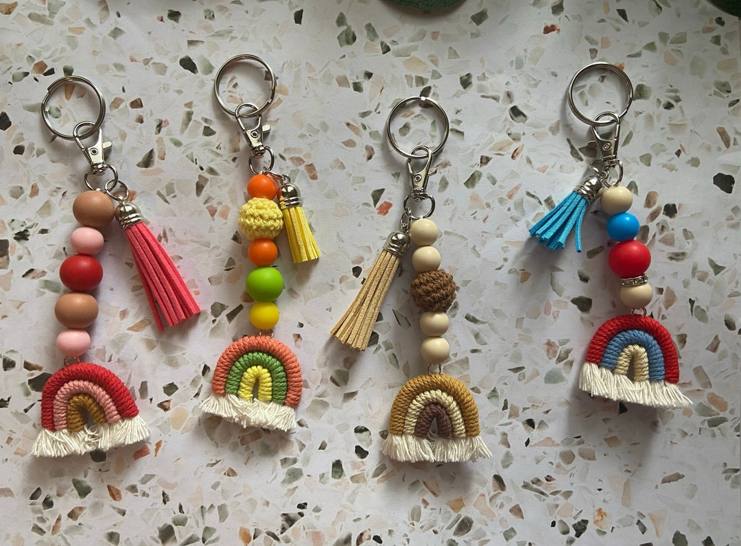 Boho Macrame Rainbow Keychain | Beaded Tassel Keyring - Etsy