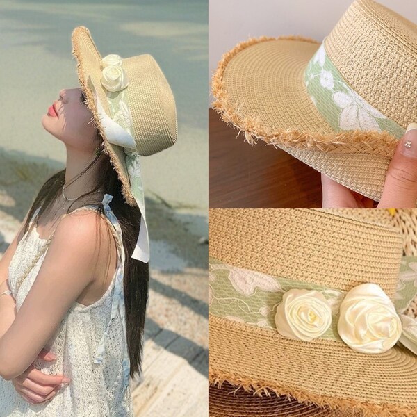 Flat Brim Straw Hat - Etsy