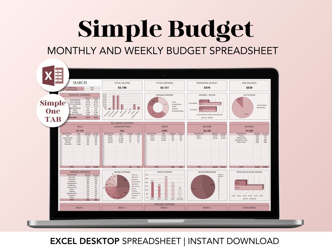 One-tab Simple Monthy Budget Spreadsheet, Monthly and Weekly Budget ...