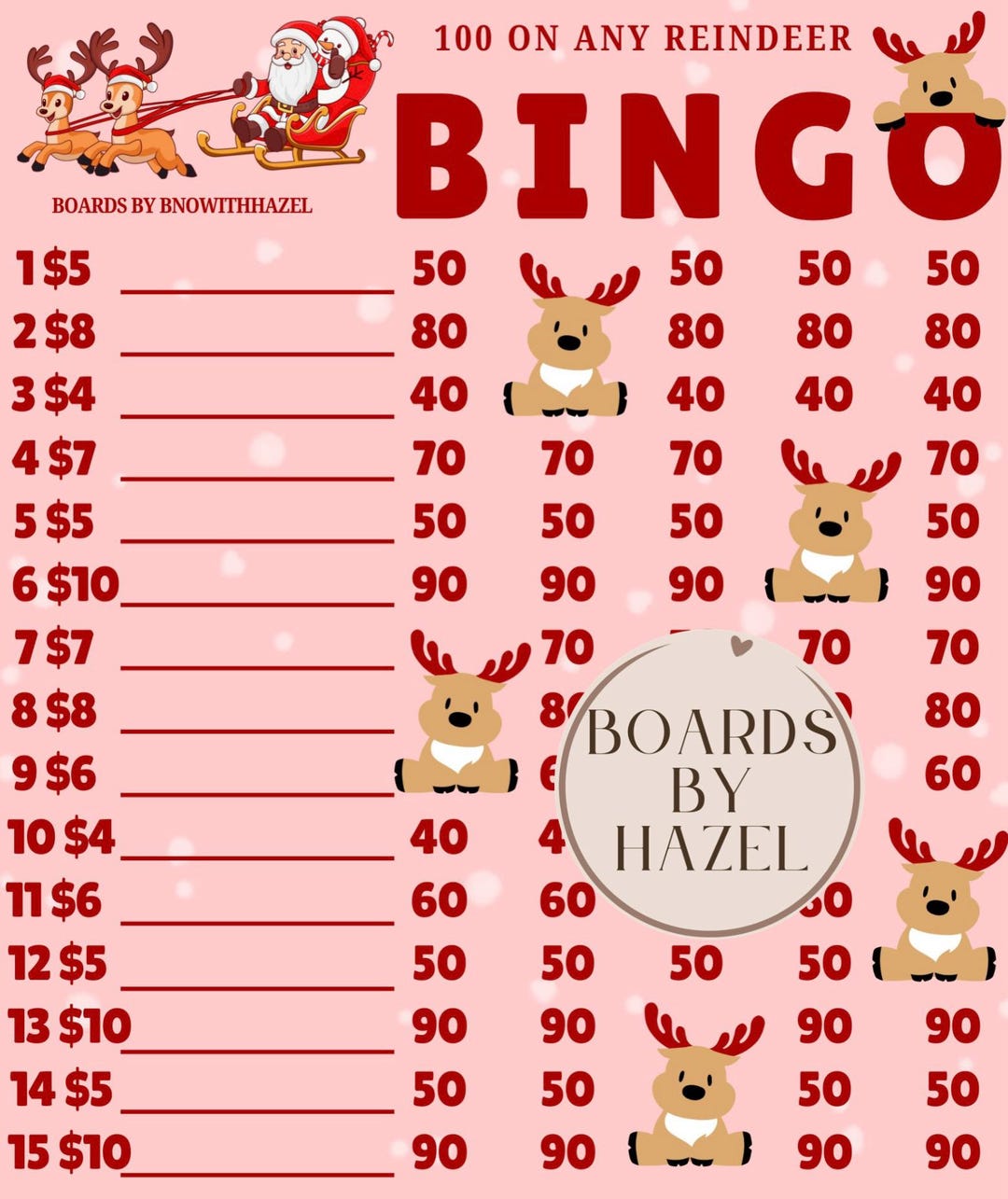 100 WTA Reindeer Bingo Board - Etsy