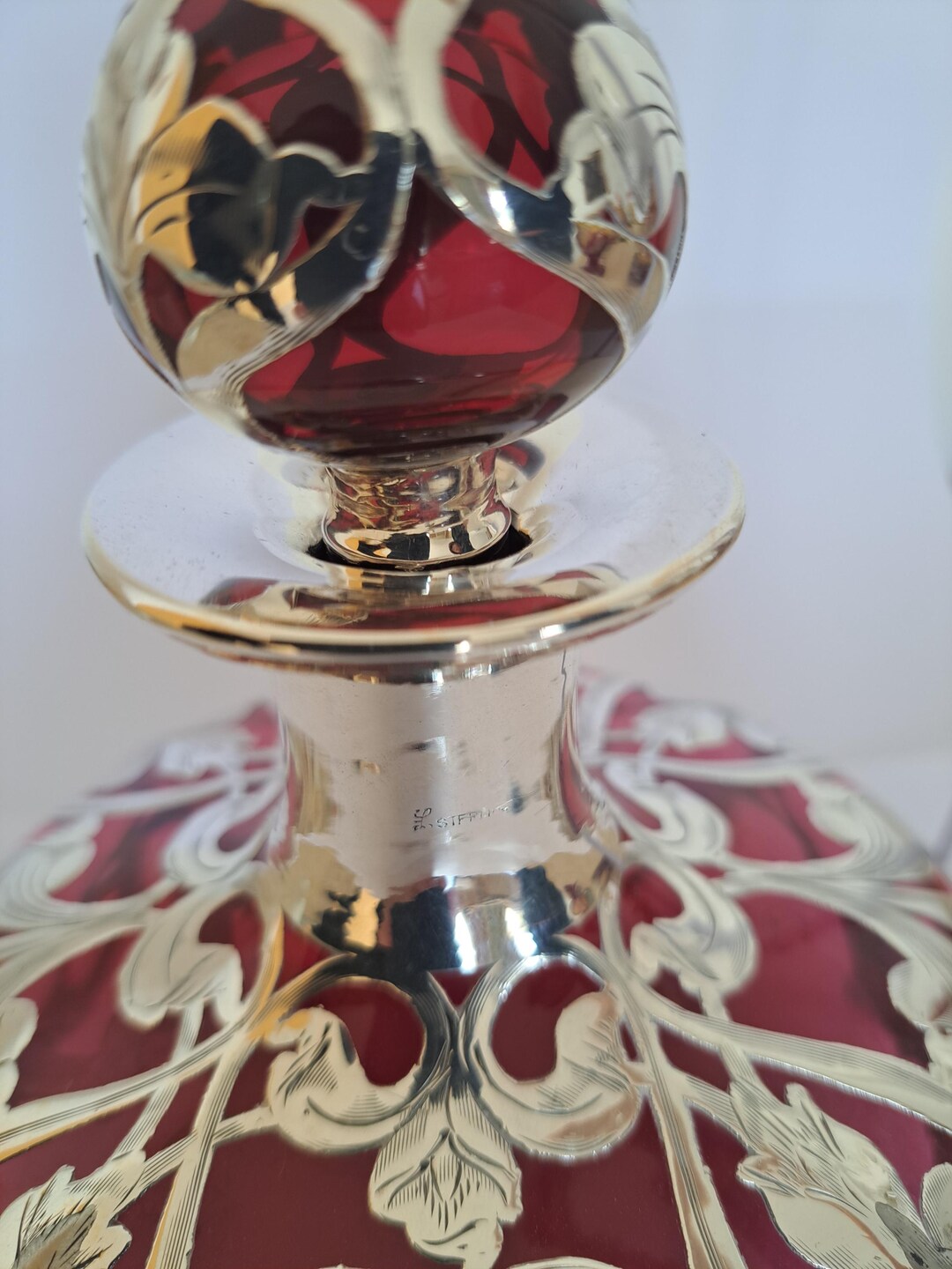 Stunning Vintage Ruby Red Cut Glass Perfume Bottle With Silver Overlay ...