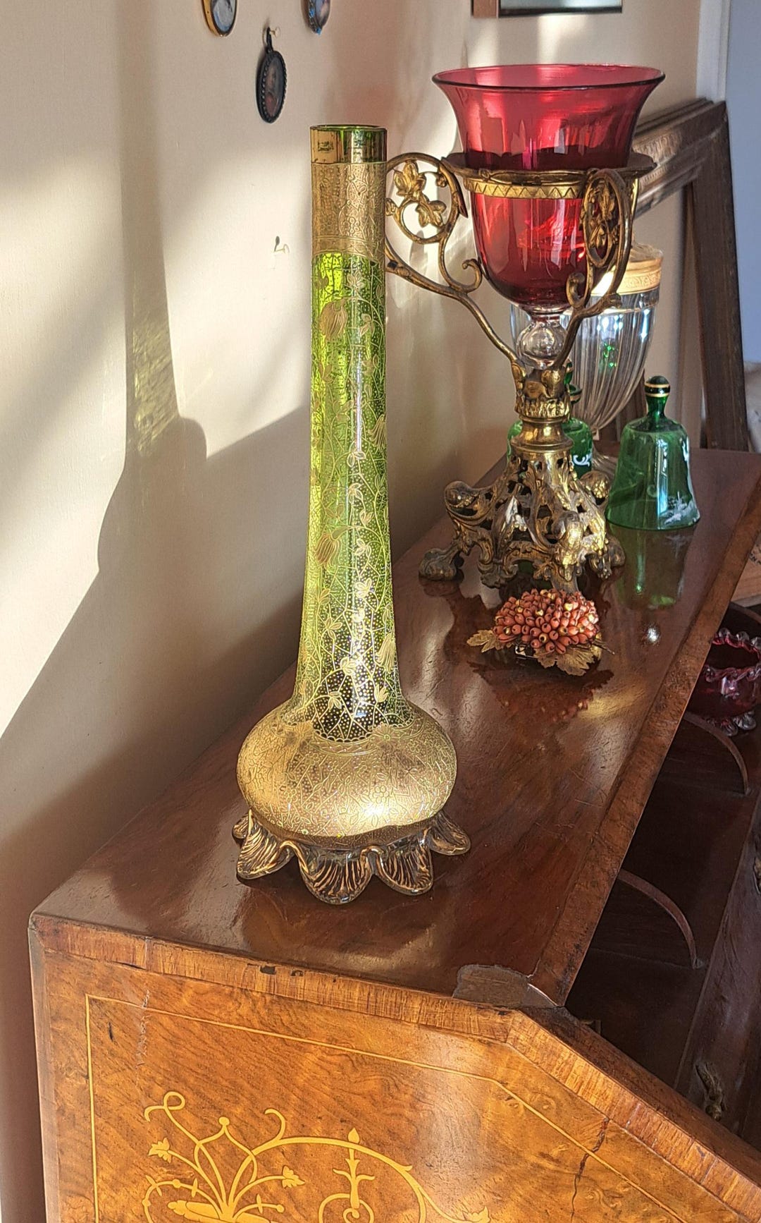 Antique Bohemian Haida Green Glass Vase | Gilded Acid Etched Art ...