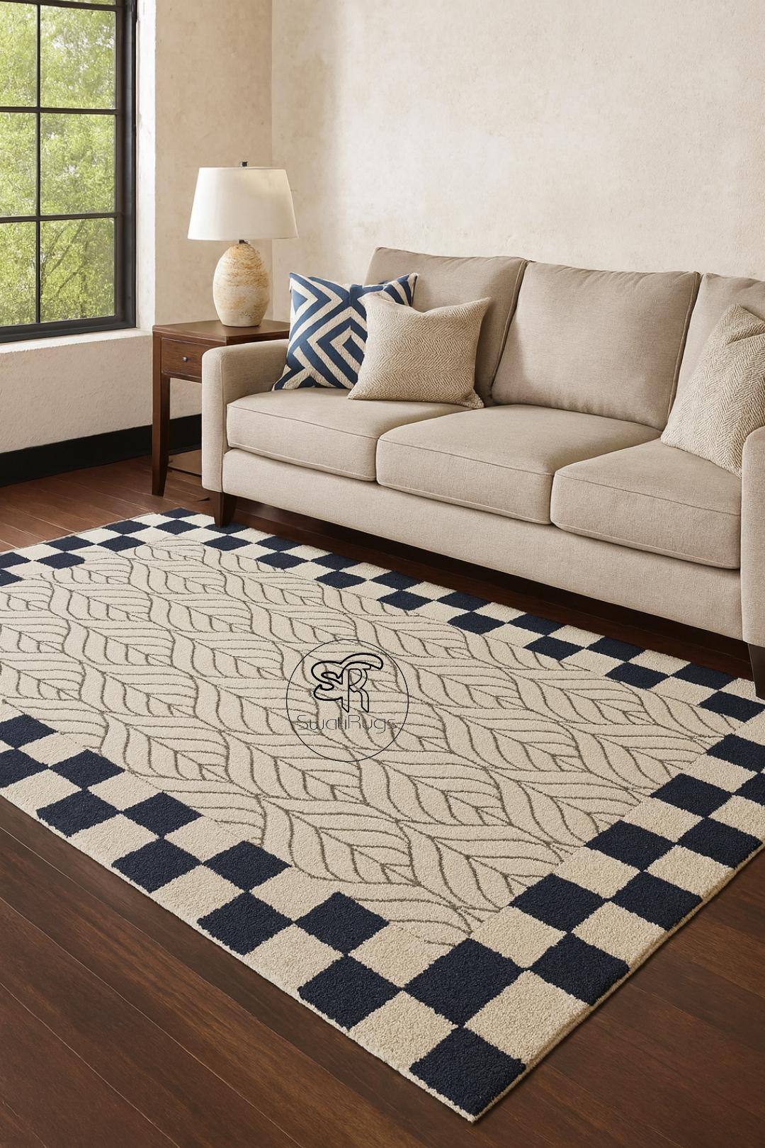 Hand Tufted Wool Rug | Modern Checkerboard Border Area Rug | Black and ...